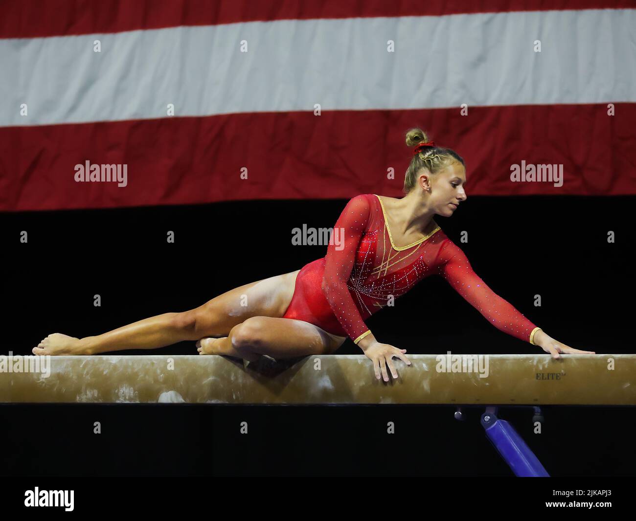 July 29, 2022: Paige Wills of Parkettes performs her balance beam ...