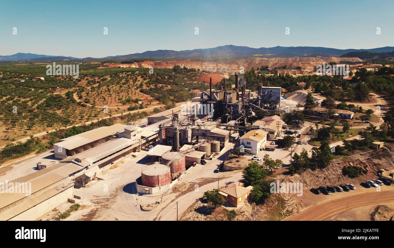 Greek factory or a part of open pit mine seen from drone perspective ...
