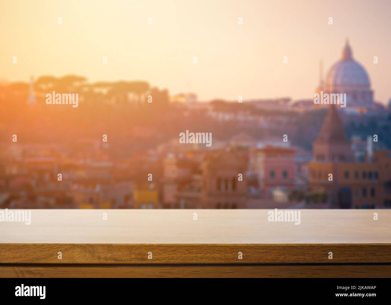 Empty wooden deck table over blurred italian landscape background Stock ...
