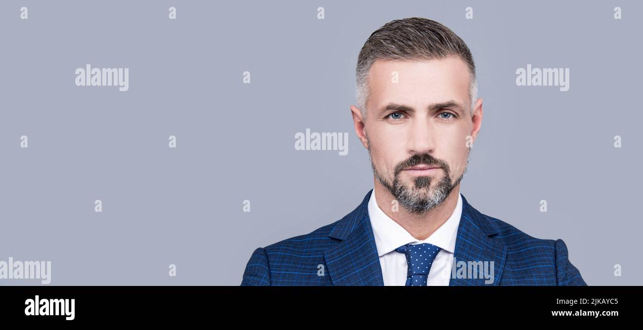 Man face portrait, banner with copy space. grizzled businessman hold ...