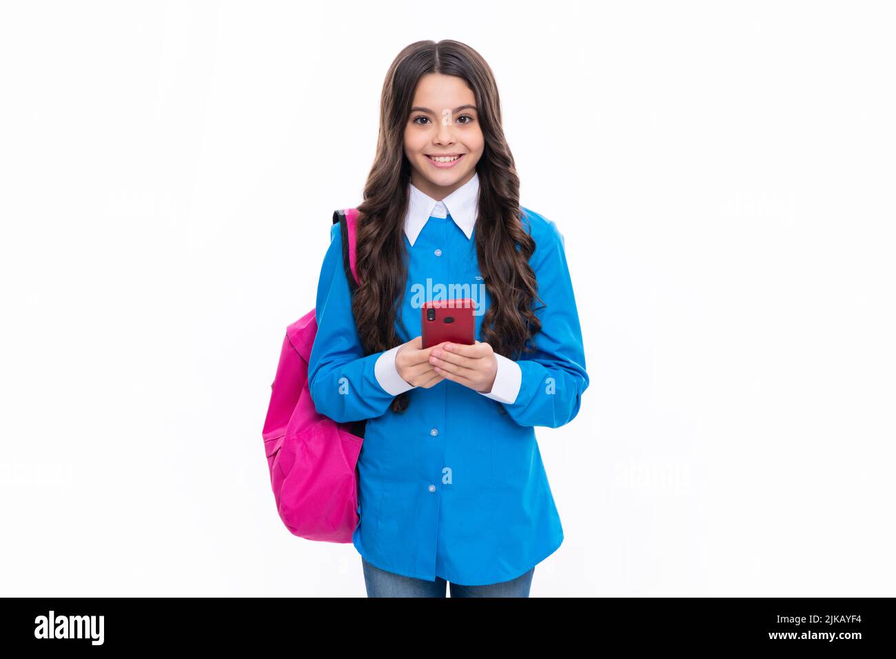 Teen student girl hold backpack use mobile cell phone on white ...