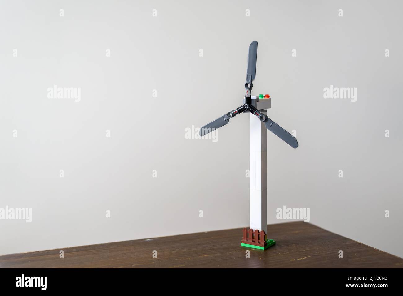 Toy Wind power turbine made from children building kit blocks standing ...