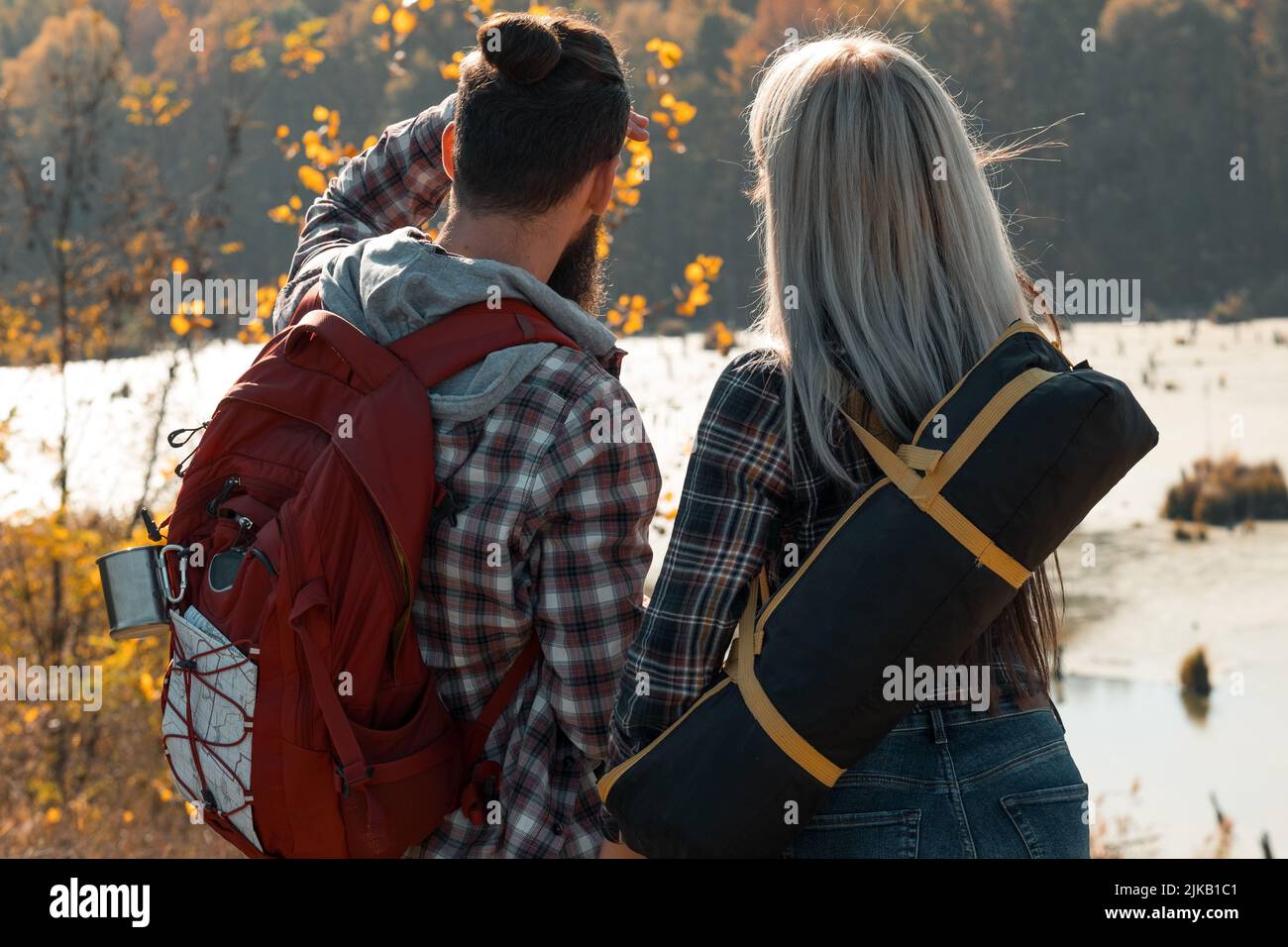 hiking travel couple swamp fall nature landscape Stock Photo - Alamy