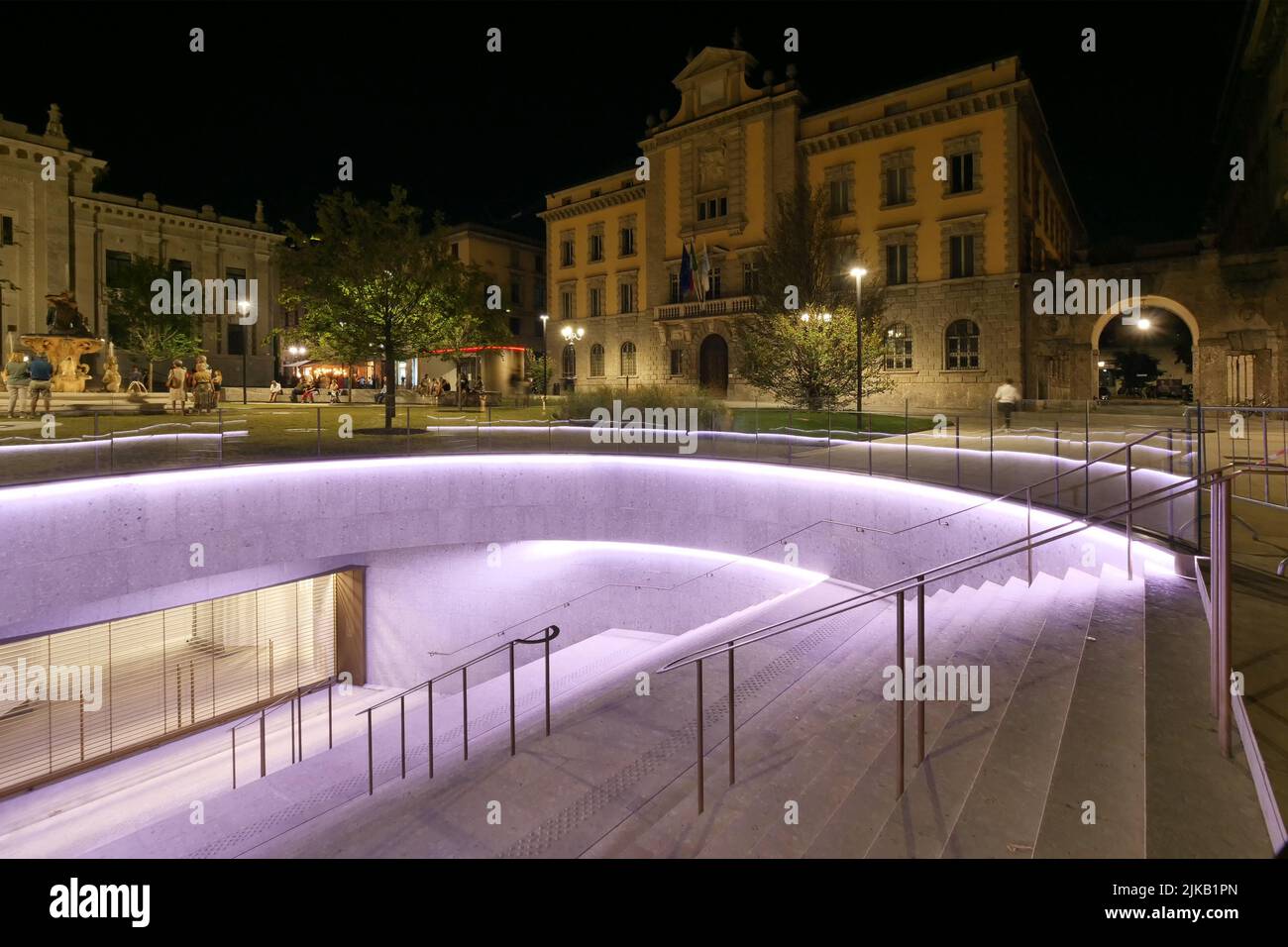 Dante square Bergamo in the night after a long restauration, Lombardy ...