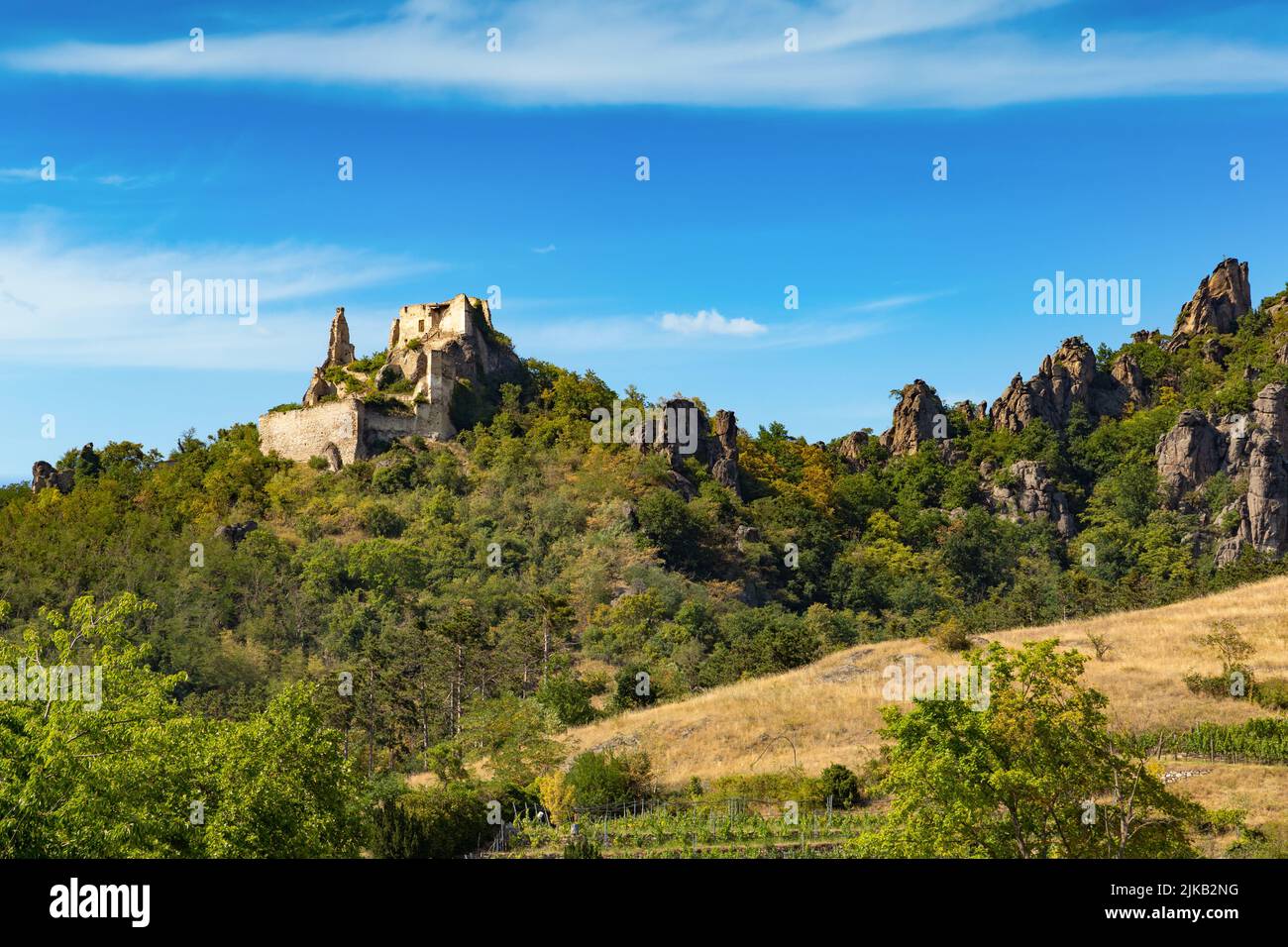 The remains of Burgruine Durnstein medieval castle overlook the Danube ...