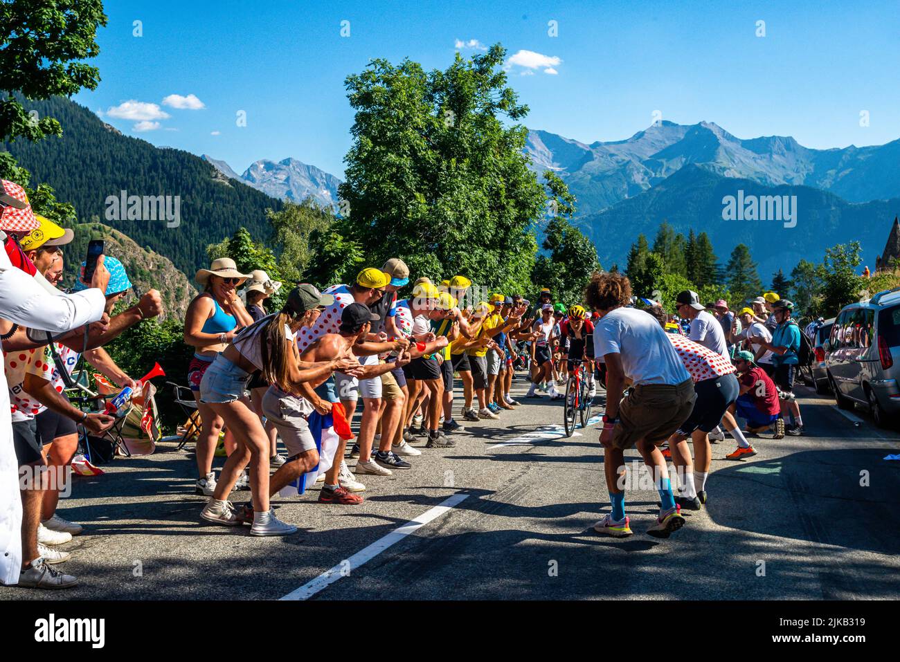 Cycling fans lining the route up Alpe d'Huez during the 2022 edition of ...