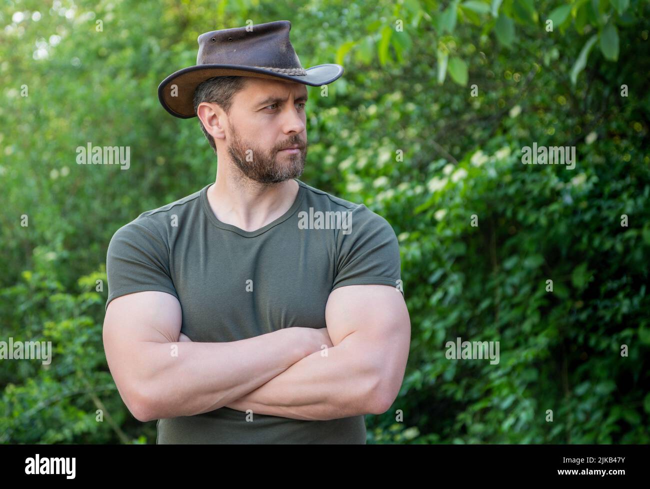 unshaven man wearing cowboy hat. caucasian man in hat. macho man Stock ...