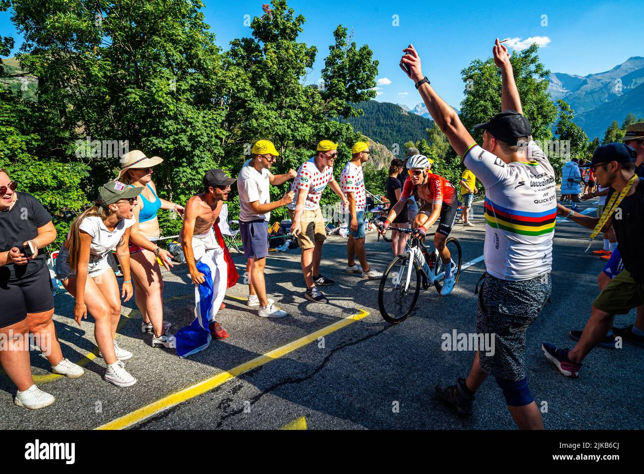 Cycling fans lining the route up Alpe d'Huez during the 2022 edition of ...