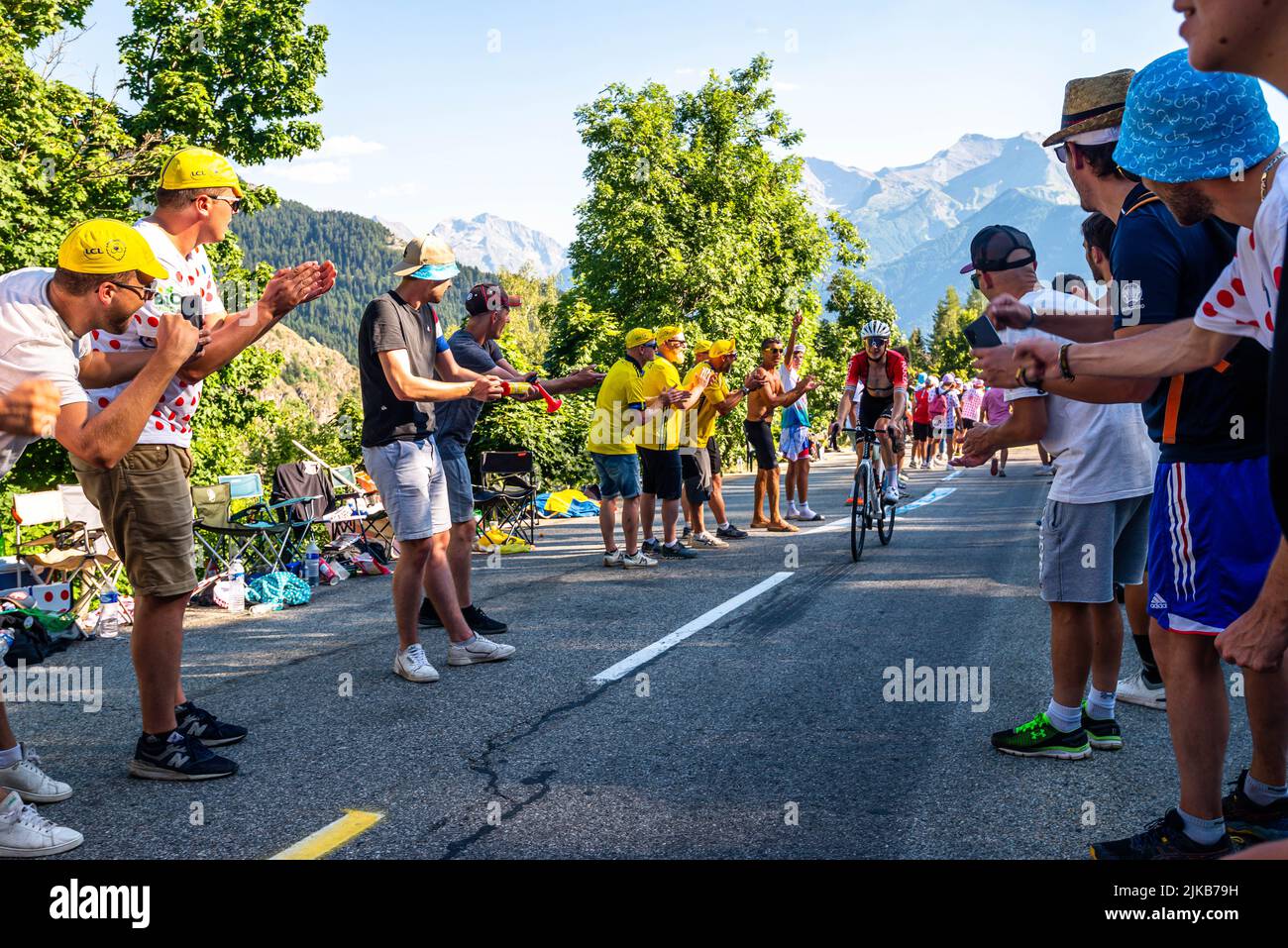 Cycling fans lining the route up Alpe d'Huez during the 2022 edition of ...