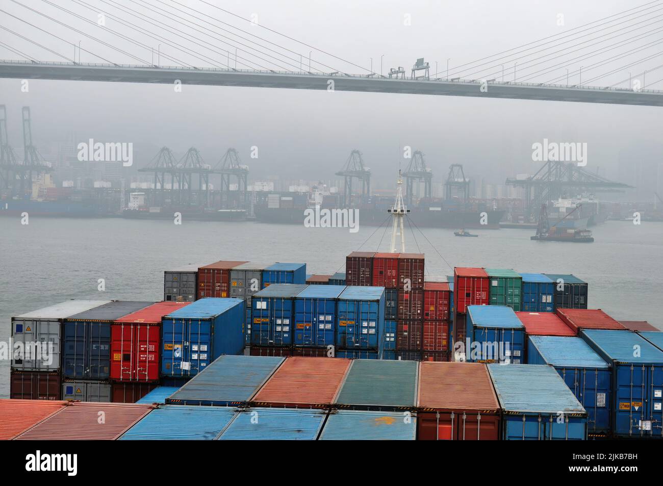 Container ship in port at container terminal. Ships of container ships ...