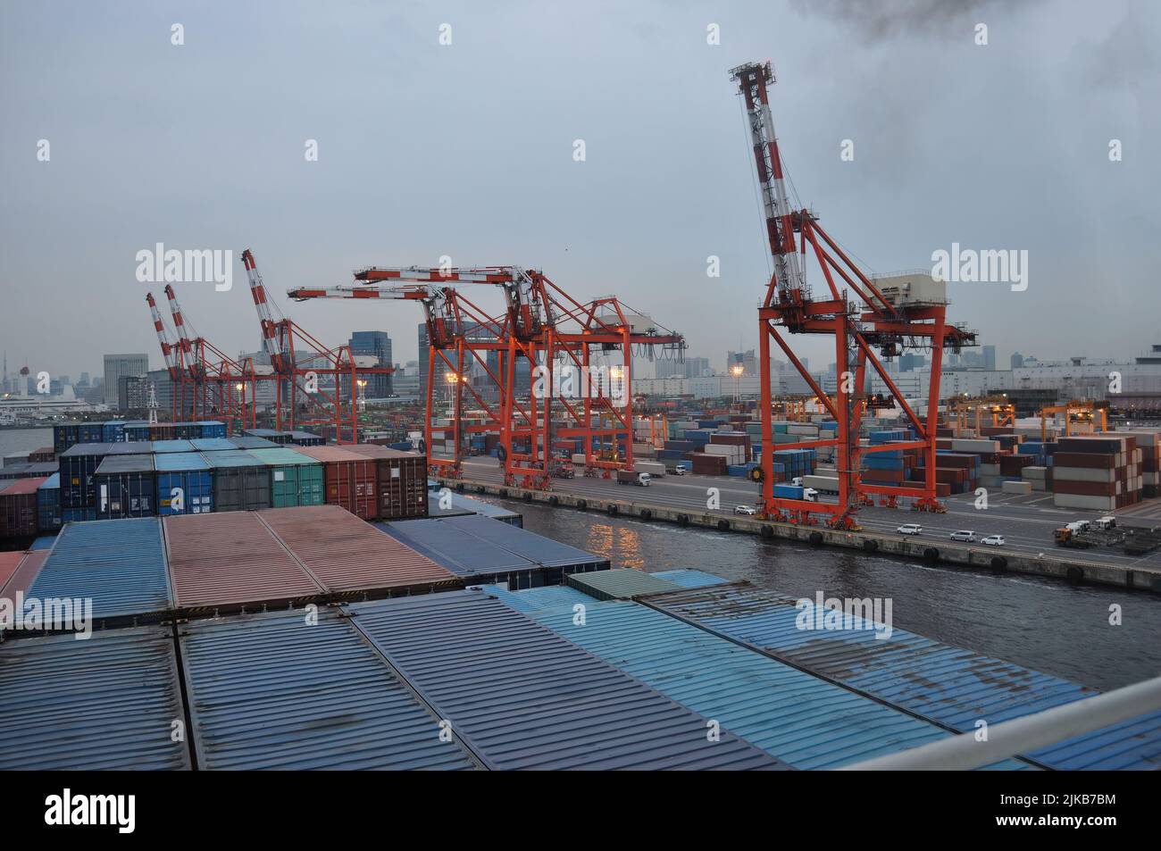 Container ship in port at container terminal. Ships of container ships ...