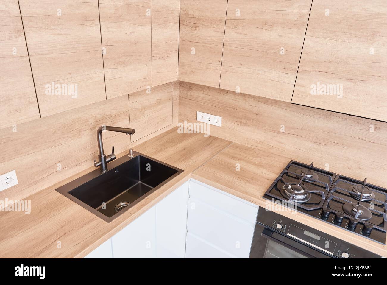 New modern kitchen interior, Minimal design with white cupborads, sink ...