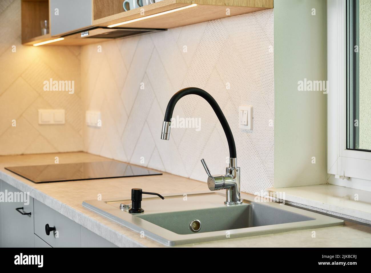 Modern kitchen with sink, Empty kitchen background with wooden ...