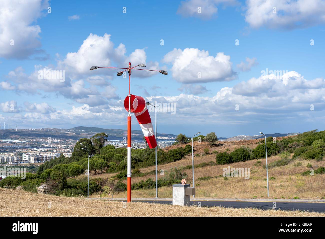Wind sock fly. Summer hot day on private sporty airport with abandoned ...