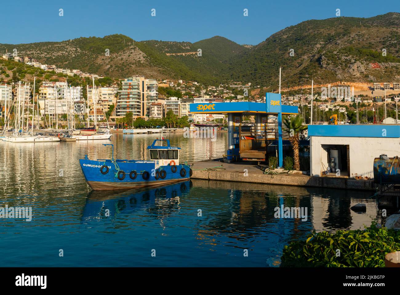 Finike, Antalya, Turkey - July 20 2022: Fuel dispenser at boat filling ...