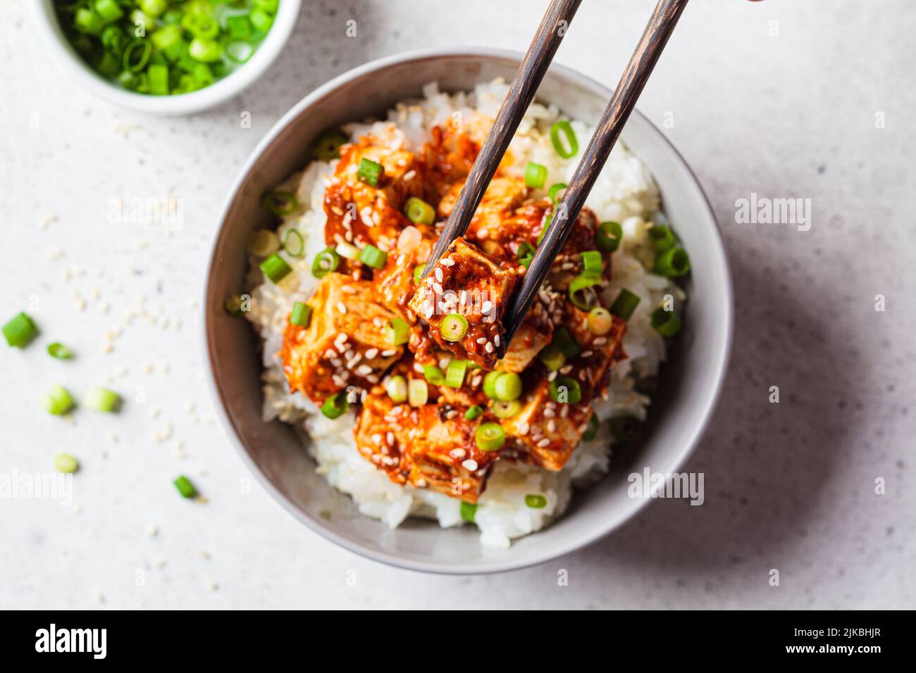 Korean tofu dubu-jorim - braised spicy bean curd with rice in a gray ...