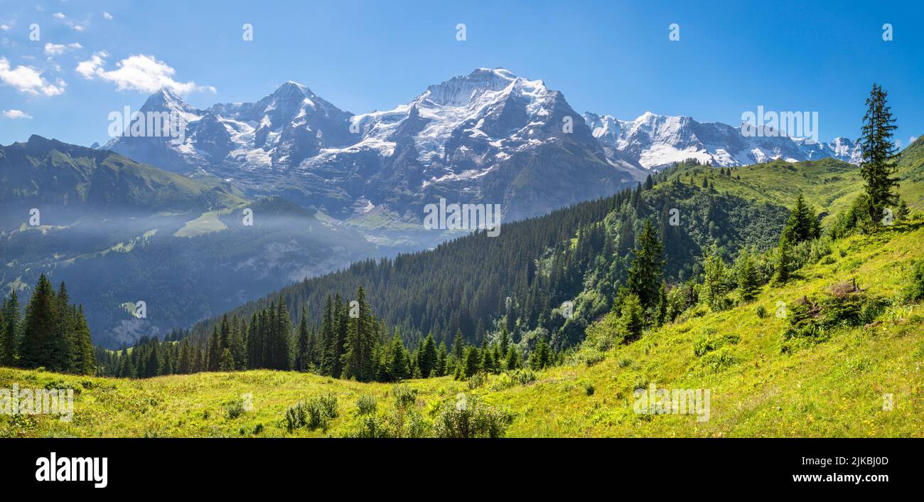 The panorma of Bernese alps with the Jungfrau, Monch and Eiger peaks ...