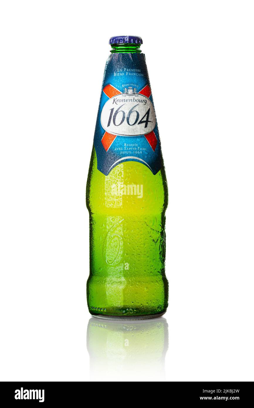 CHISINAU, MOLDOVA - July 24, 2022: Cold bottle of Kronenbourg 1664 beer ...
