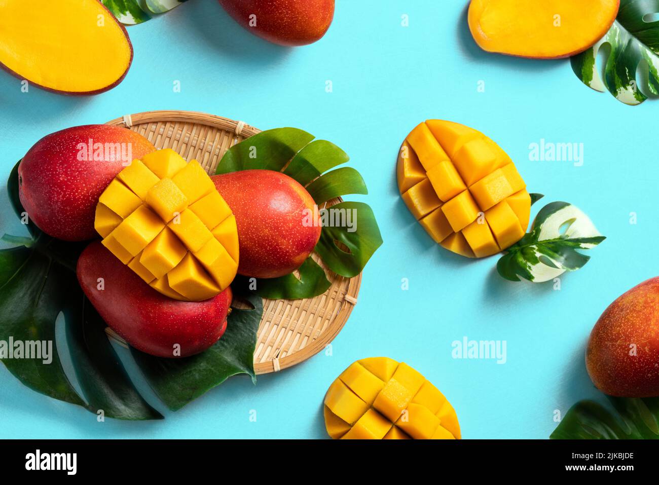 Mango background design concept. Top view of diced fresh mango fruit ...