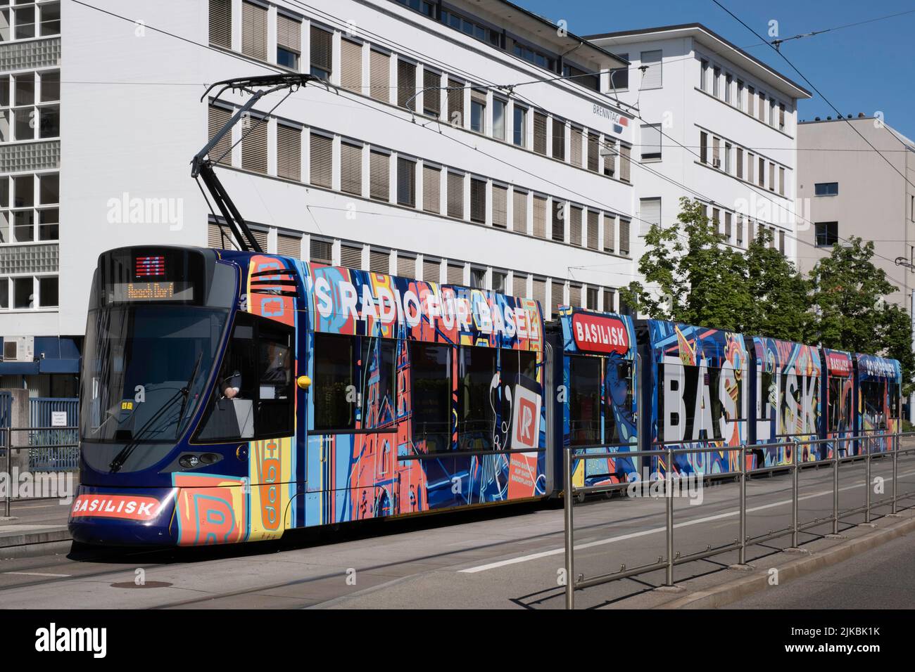 Electric tram with overhead lines of the public transport company Basel ...