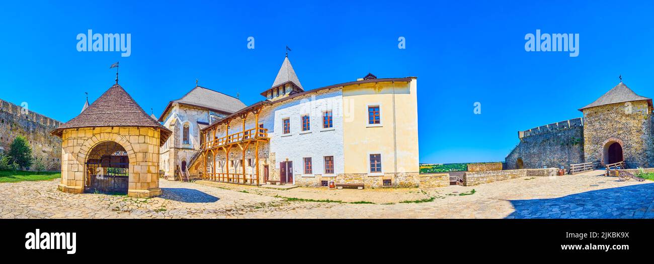 Panoramic view on the courtyard of Khotyn Fortress, a tiny but well ...
