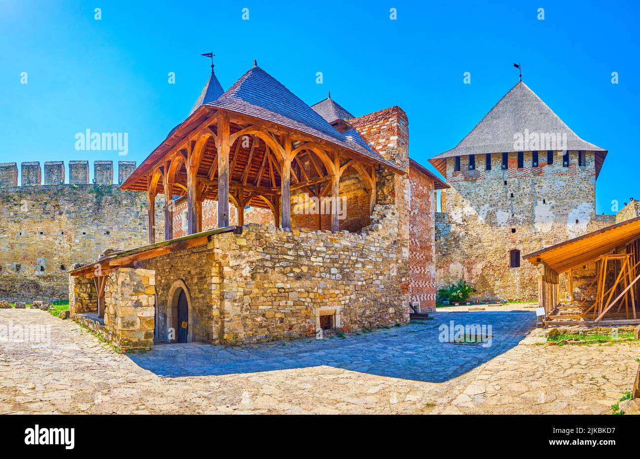The open veranda with wooden roof of Princely Palace in medieval Khotyn ...