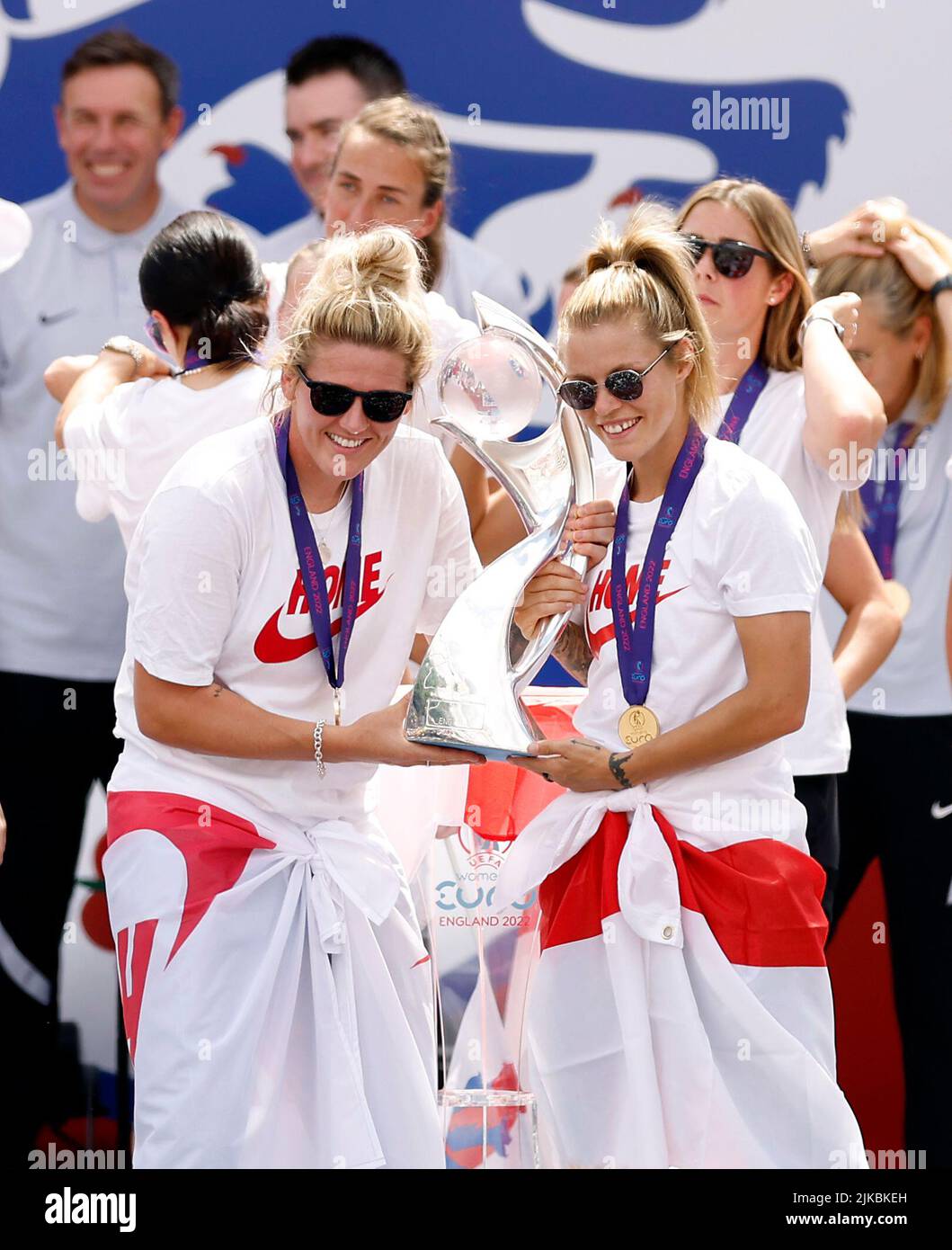 England players Millie Bright and Rachel Daly with the trophy during a ...