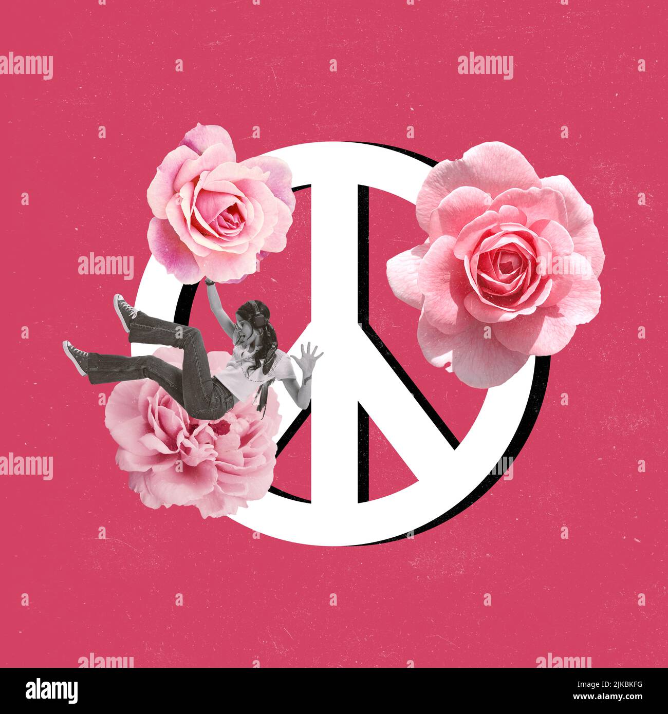 Contemporary art collage. Conceptual image. Cheerful woman sitting on ...