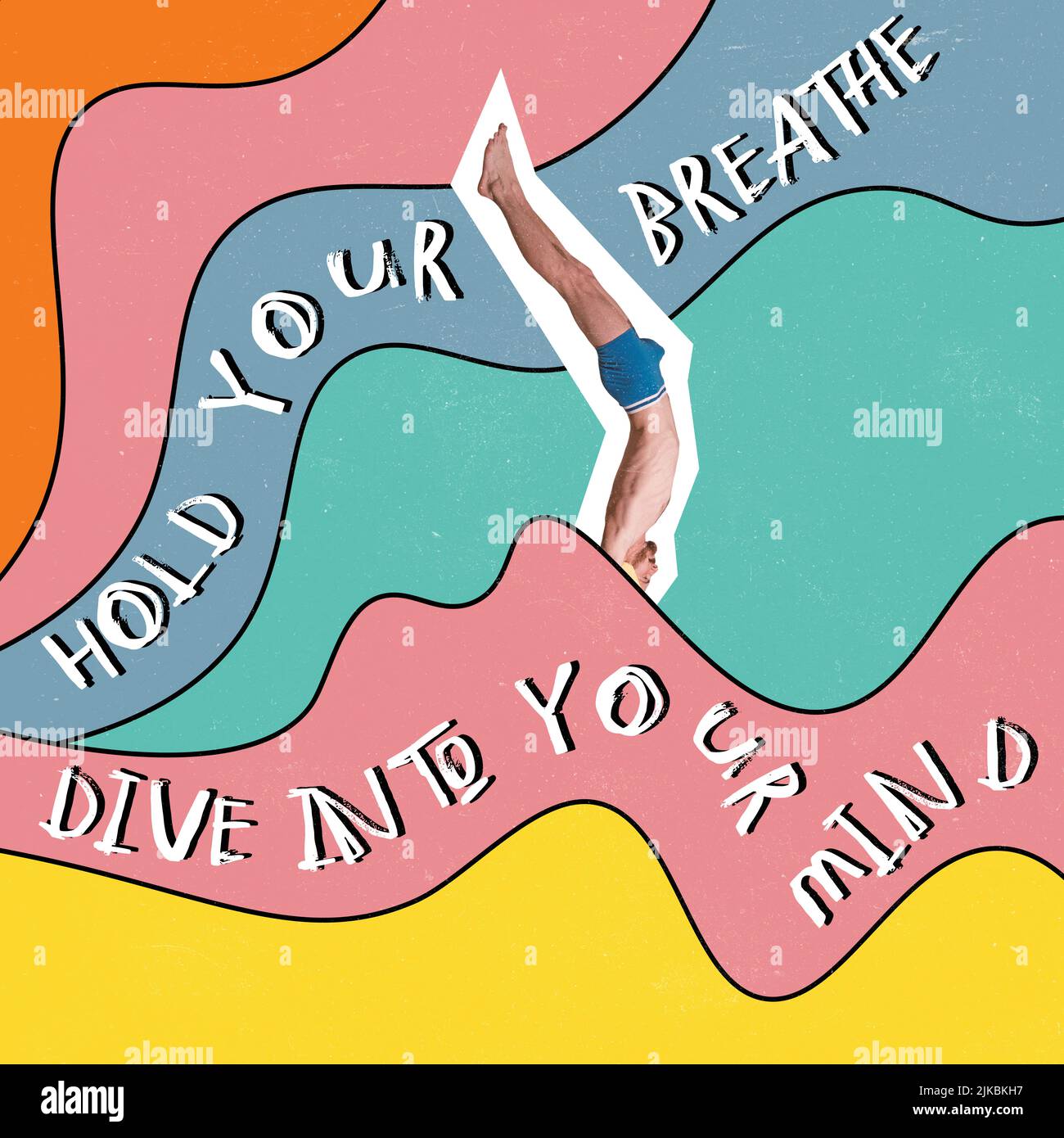 Contemporary art collage. Conceptual image. Man in swimming cap diving ...