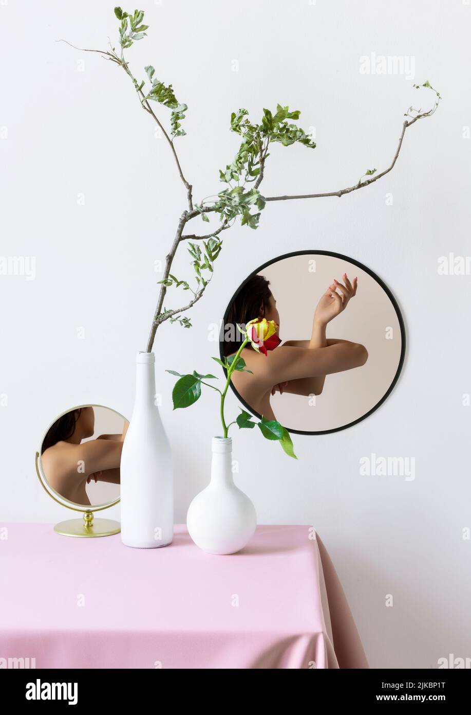 Tender cropped female body on mirror reflection. Home interior ...