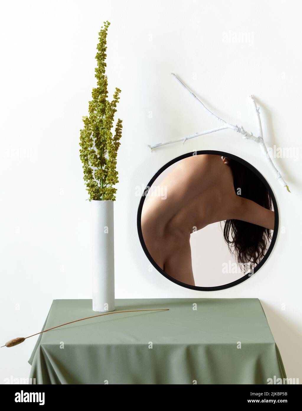 Tender female body on mirror reflection. Home interior background. Body ...