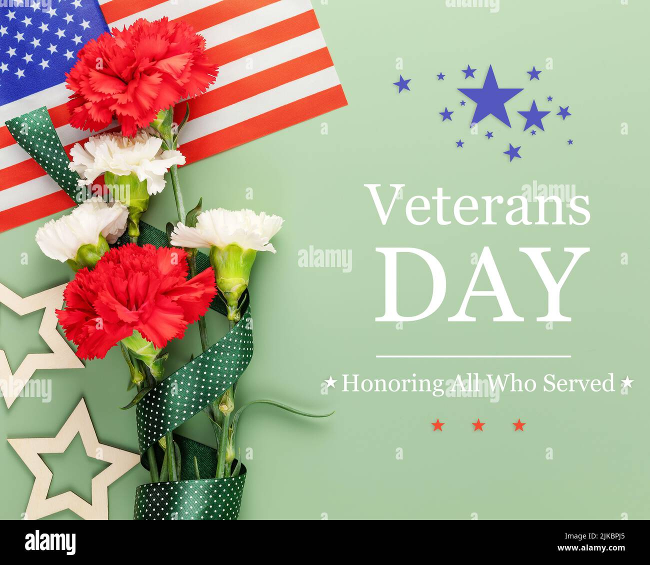 American Veterans Day card with bouquet of red and white carnations ...