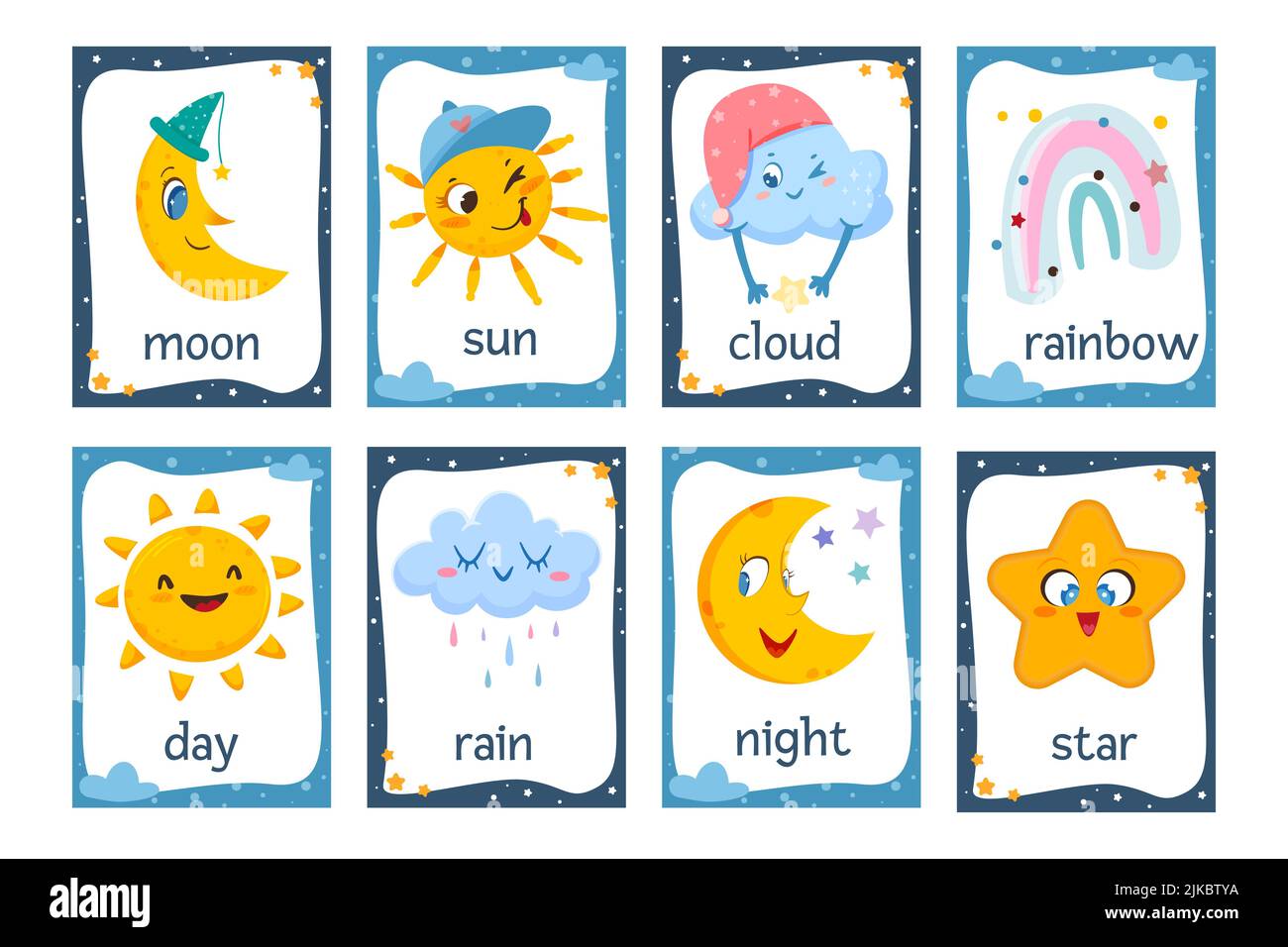 Weather flash cards set. Printable flashcard collection with cute sun ...