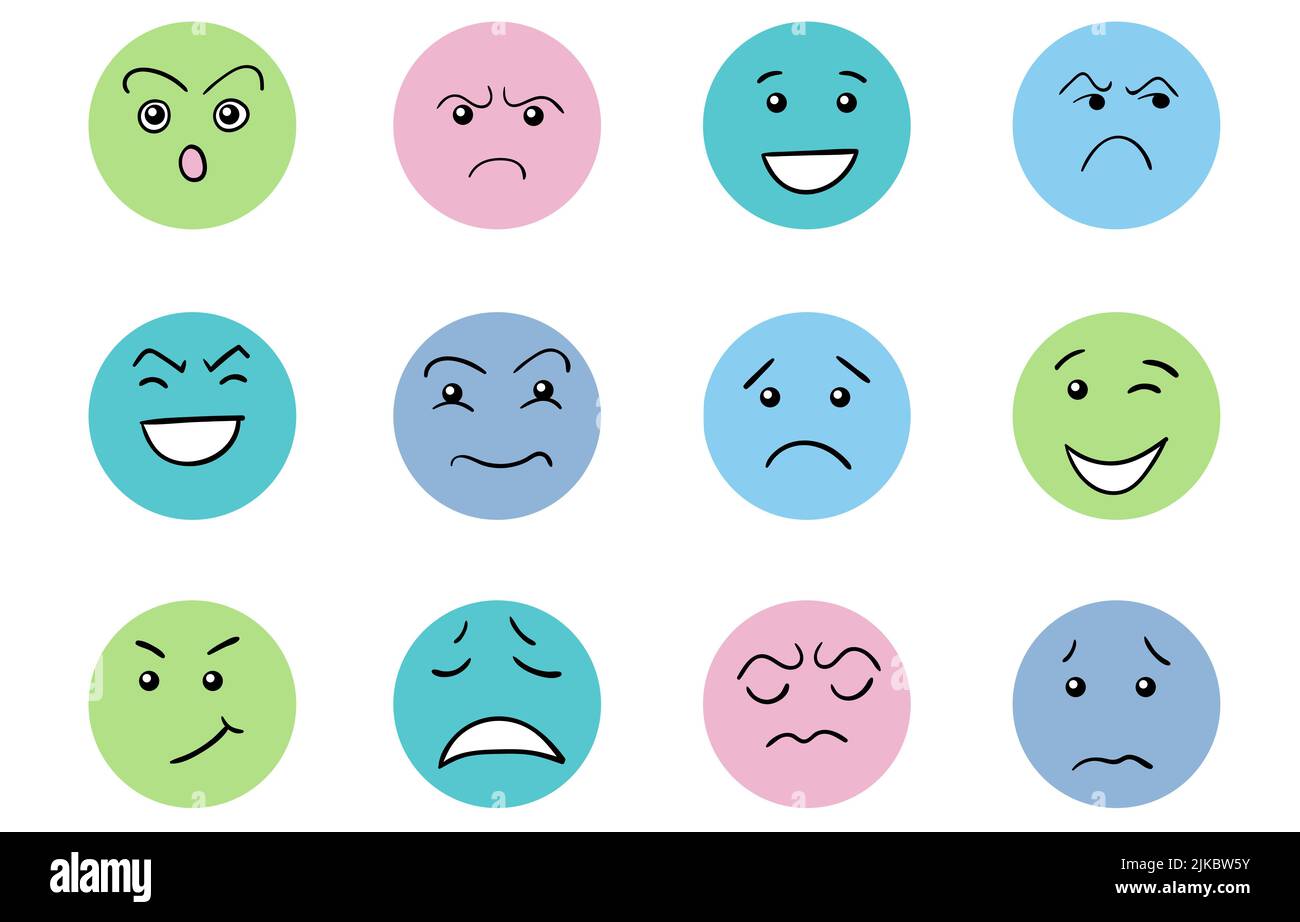 Cartoon cute and funny faces with positive and negative emotions. Comic ...