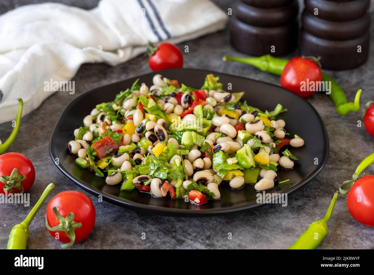 Black Eyed Pea legume or Goat Pea salad. Fresh healthy bean salad ...