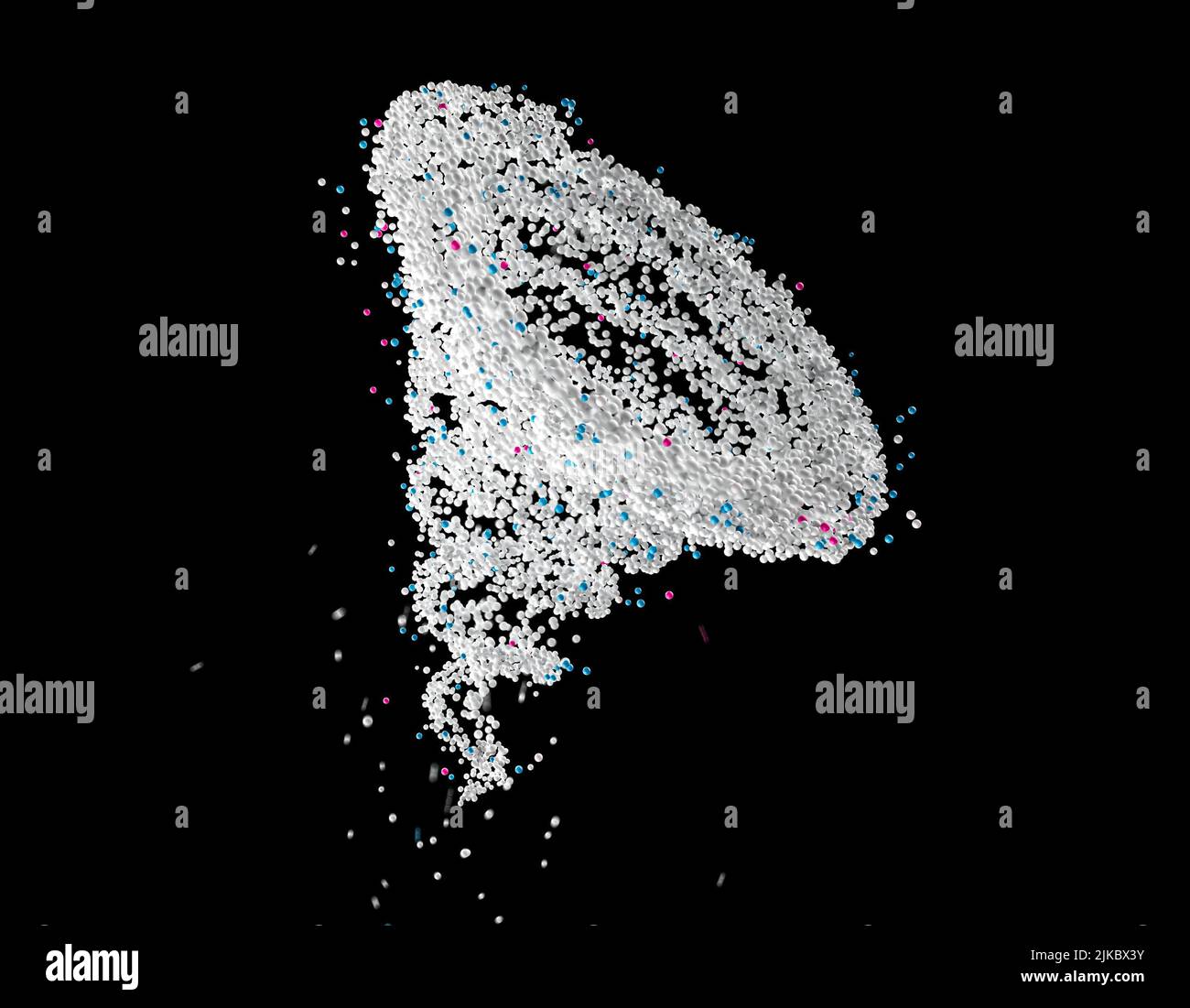 A closeup of white washing powder in a swirl vortex isolated on a black ...