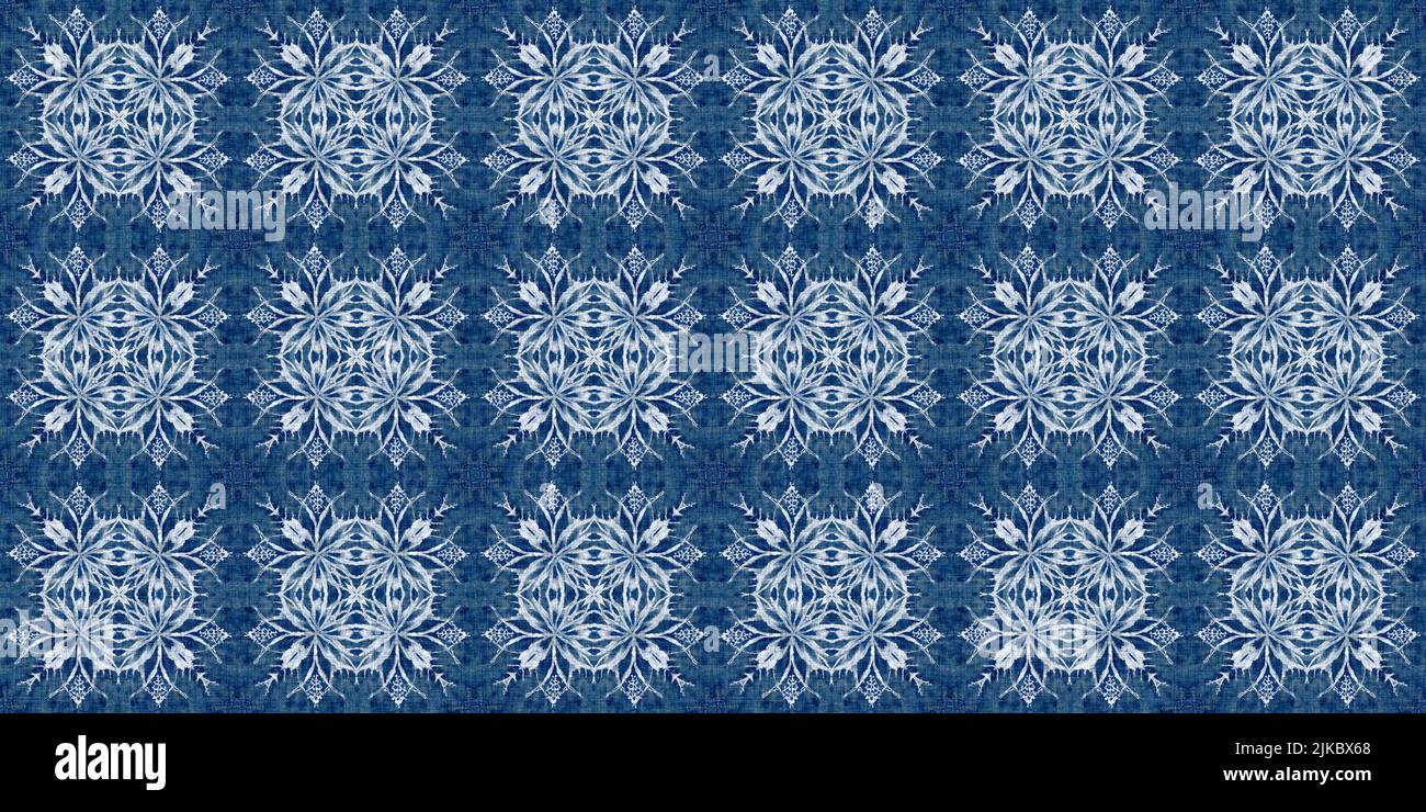 Indigo blue snow flake border patchwork. Frosty batik painterly effect ...