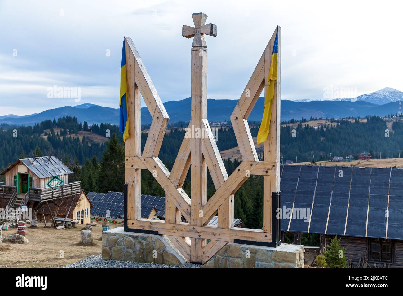 Wooden trident coat of arms of Ukraine. Ukrainian symbol, traditions ...