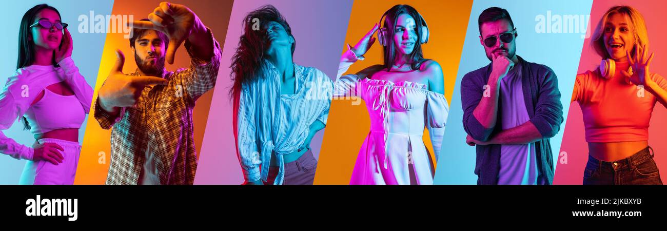 Collage. Portraits of different young people, cheerfully posing ...