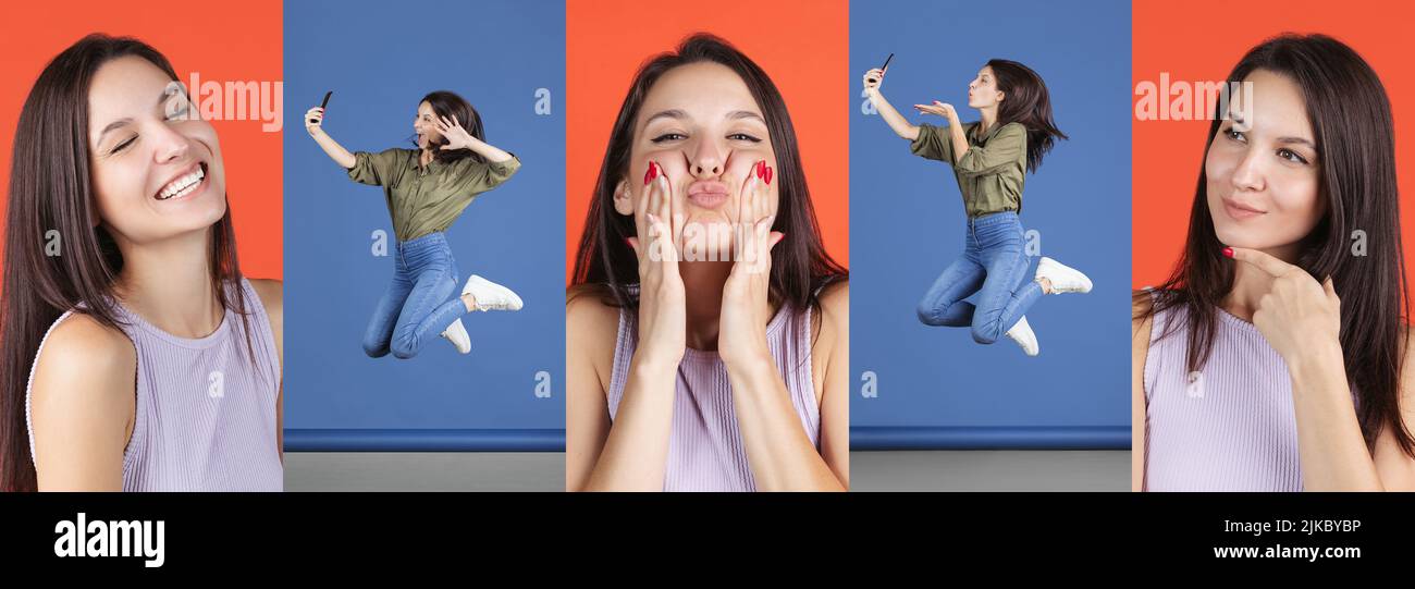 Collage. Portraits of young cheerful woman in casual clothes posing ...