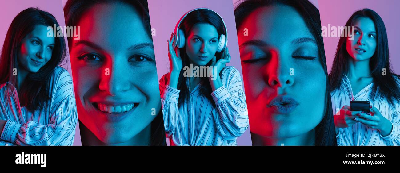 Collage. Portraits of young beautiful woman posing, showing pleasant ...