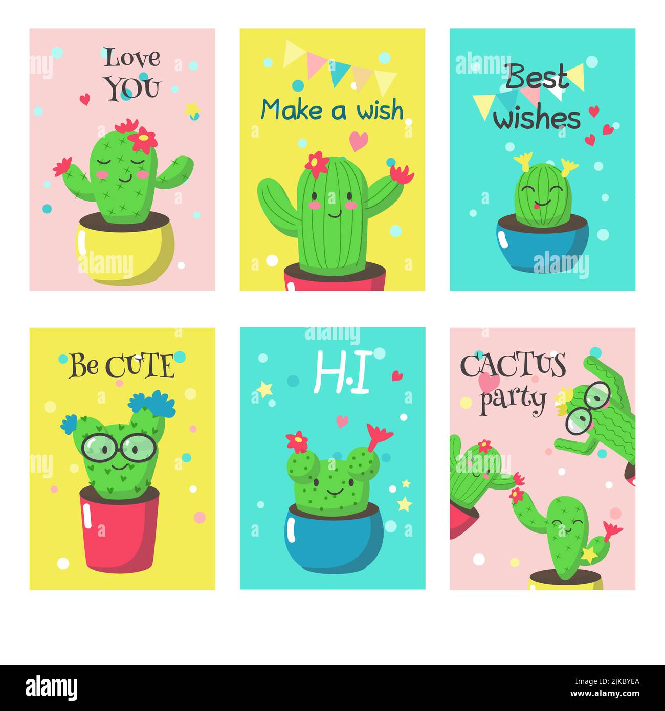 Vector set of cards with cute cacti succulent plant and inspirational ...