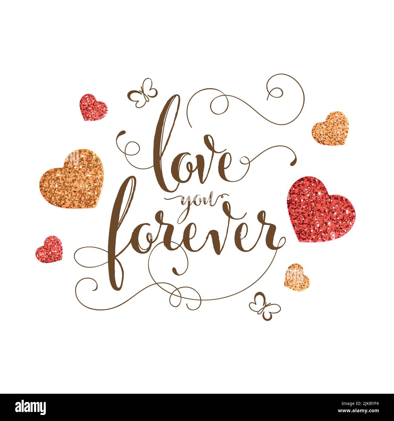 Love You Forever Font With Linear Butterflies And Glitter Hearts On ...