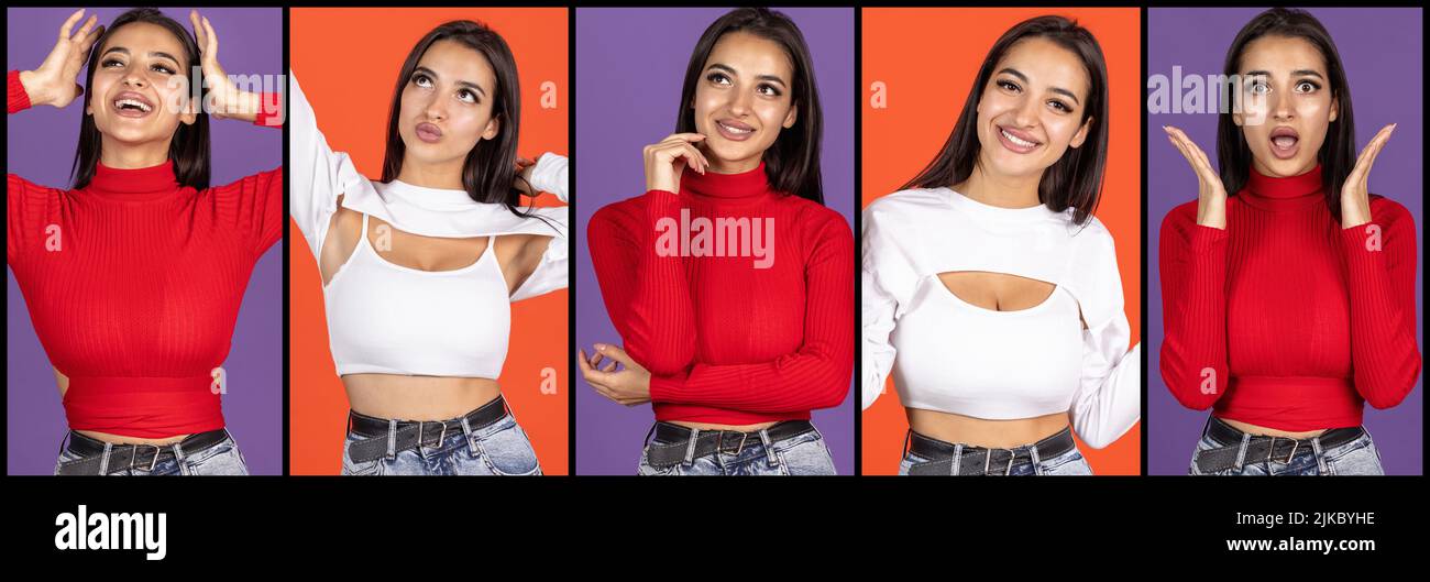 Collage. Portraits of beautiful young woman with positive emotions ...