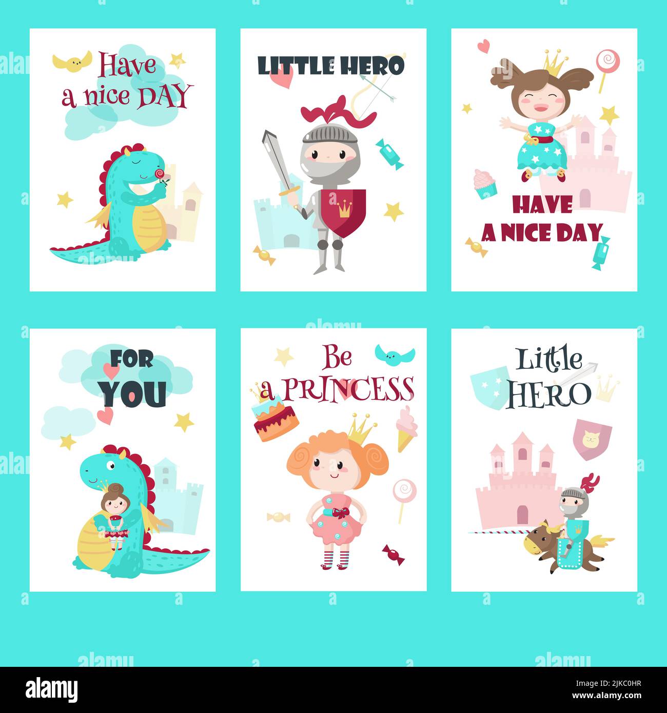 Vector set of cards, gift tags with fairytale medieval knight little ...