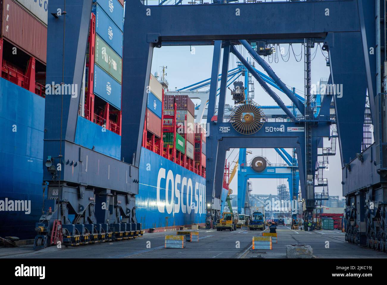 Odessa, Ukraine SIRCA 2018: Odessa sea port. Container ship COSCO in ...