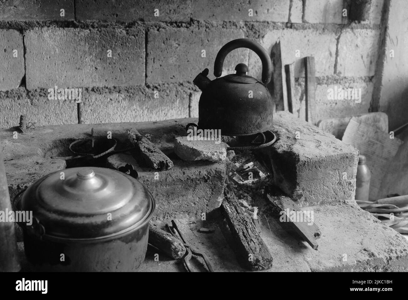 A black and white shot of an old kettle in an abandoned building Stock ...