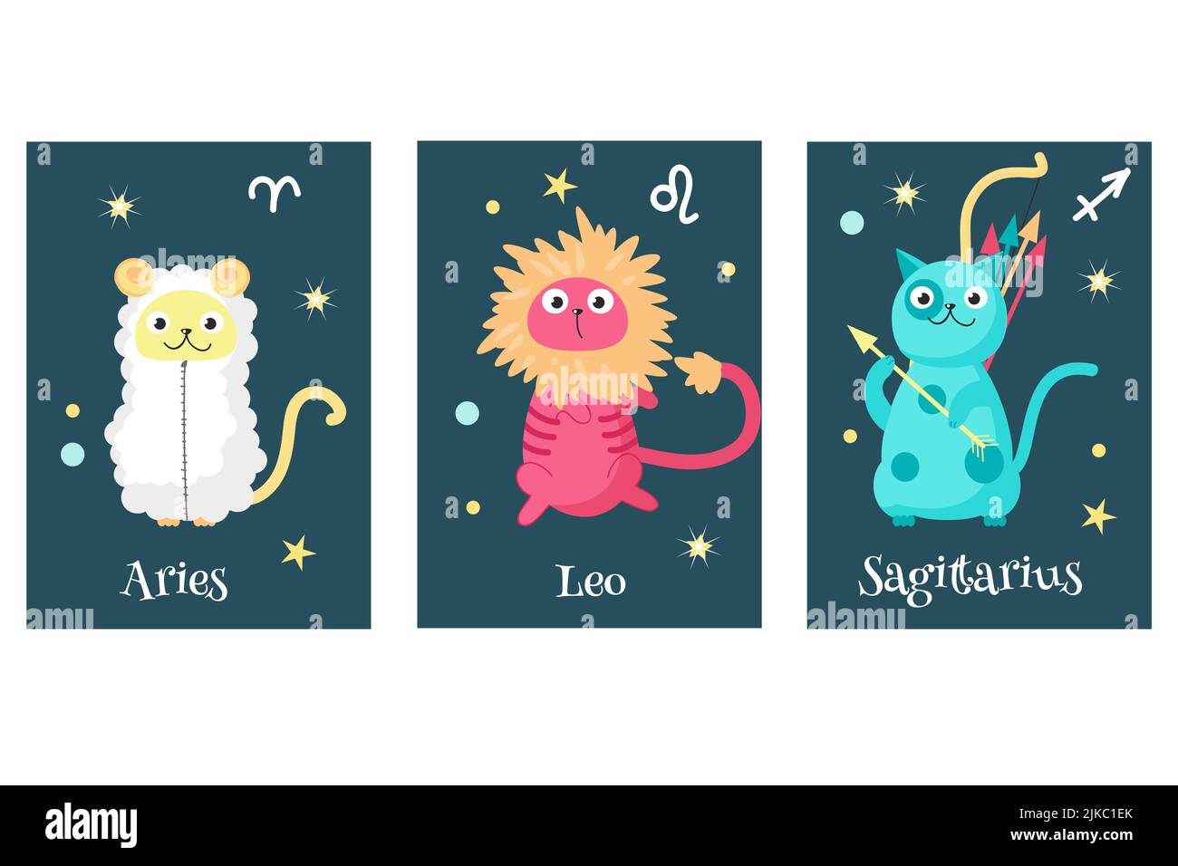 Vector set of cat astrology zodiac sign cards. Aries, Leo, Sagittarius ...