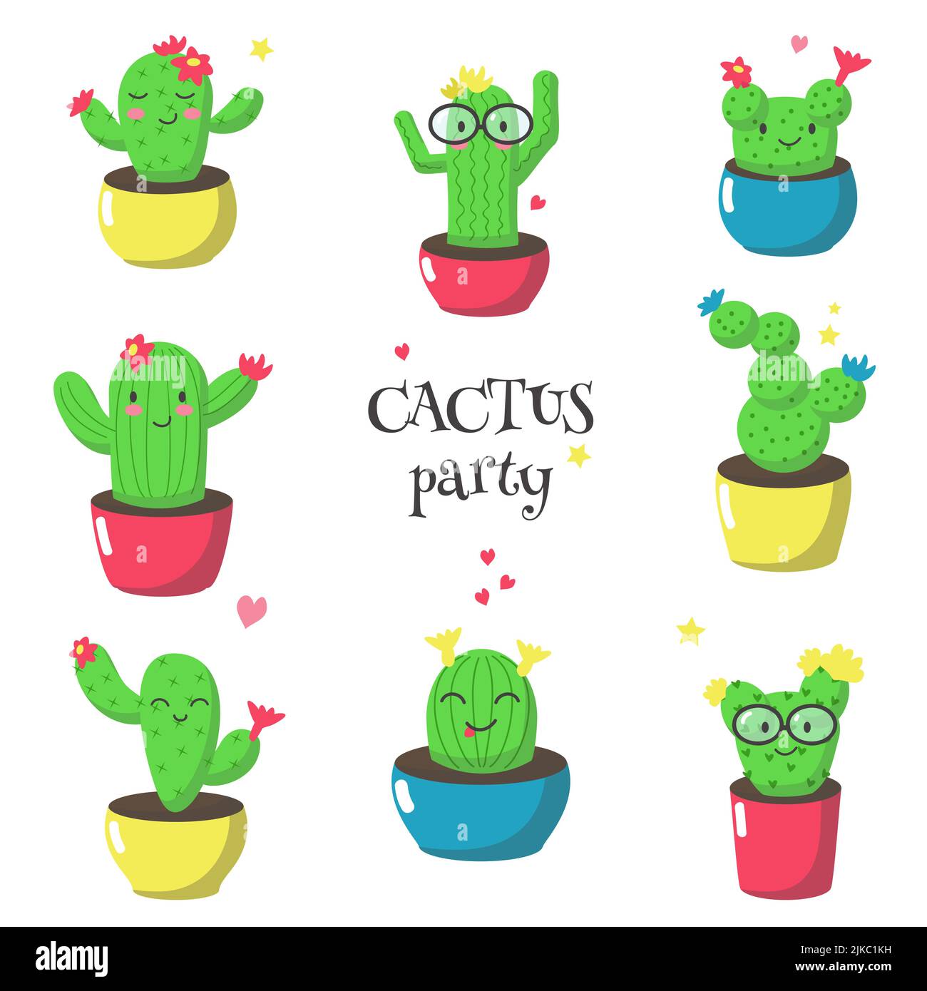 Cute cartoon cacti icon set. Vector illustration isolated on white ...