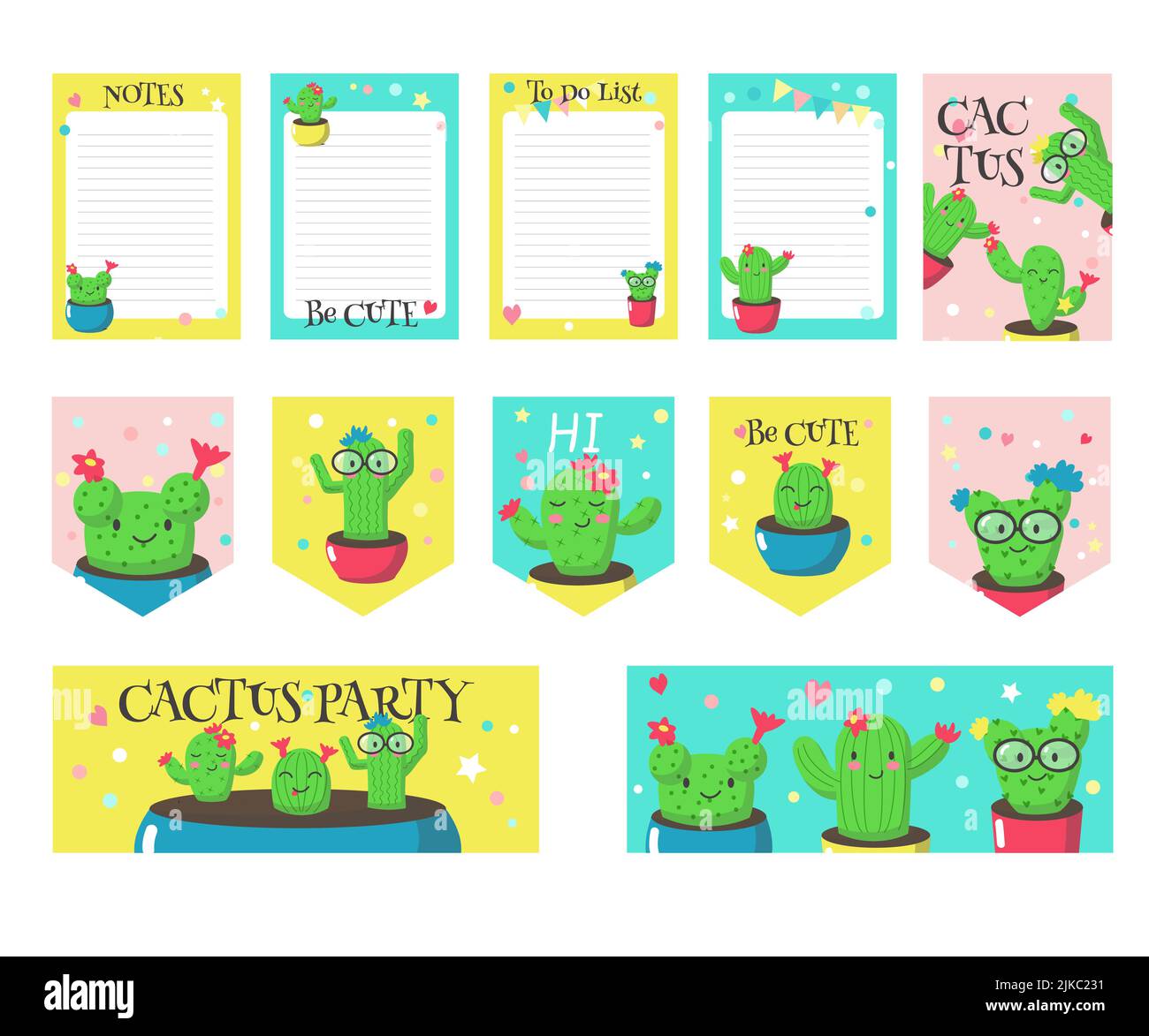 Vector set of cards, gift tags, party pennants, notepad sheets with ...